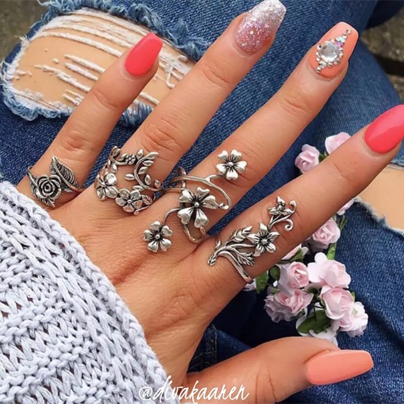 Jewelry | 4pc Set Retro Flower Leaves Vintage Boho Rings | Poshmark